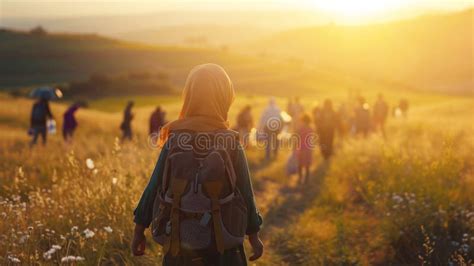 A Girl Walking Behind A Crowd Of Refugee People Along A Path In A Field Stock Illustration
