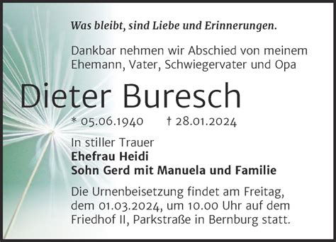 Traueranzeigen Von Dieter Buresch Abschied Nehmende