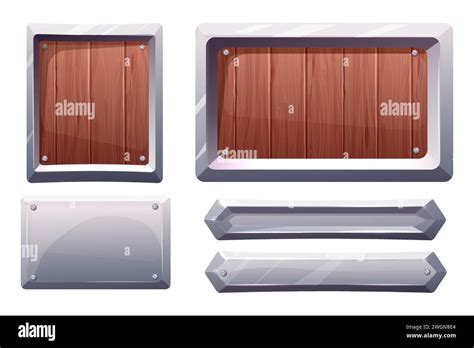 Set Metal Steel Frames Iron Panel Silver Border With Wood Game Menu Border In Cartoon Style