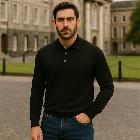 100 Merino Wool Long Sleeve Polo Shirt Navy