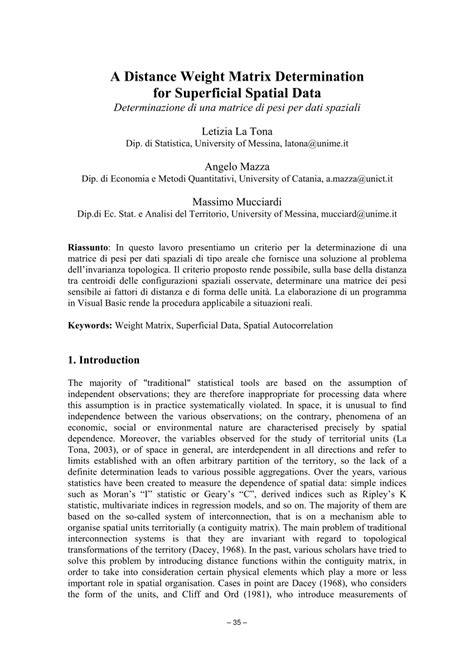 Pdf A Distance Weight Matrix Determination For Superficial Spatial Data