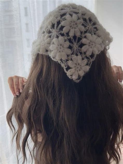 Puff Flower Crochet Babushka Pattern Floral Triangle Head Scarf Pdf Retro Boho Hair Accessory