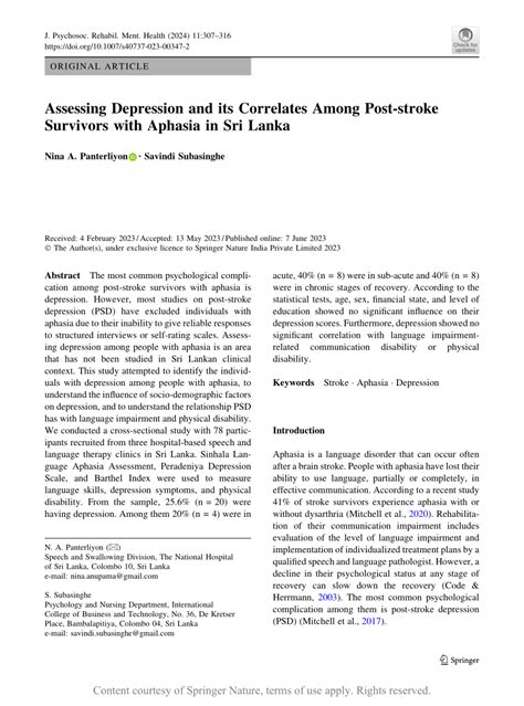Assessing Depression And Its Correlates Among Post Stroke Survivors