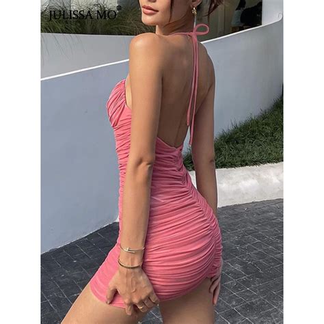 Jual Julissa Mo 2022 Baru Halter Hollow Keluar Dada Pembungkus Telanjang Seksi Partai Mini Gaun