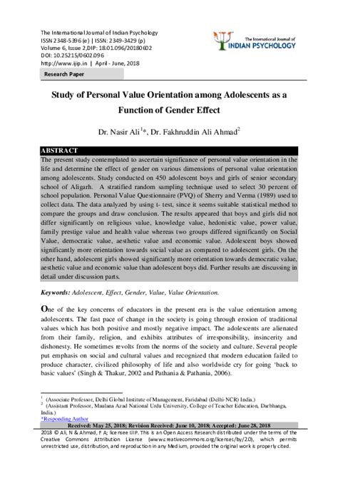 Pdf Study Of Personal Value Orientation Among Adolescents As A