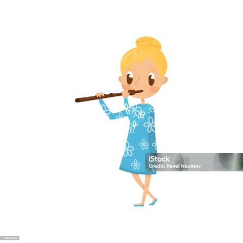 플 룻 악기 만화 벡터 그림 흰색 배경에 작은 음악가 문자를 재생 하는 귀여운 여자 Classical Concert에 대한 스톡 벡터 아트 및 기타 이미지