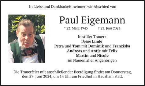 Traueranzeigen Von Paul Eigemann Trauermerkurde