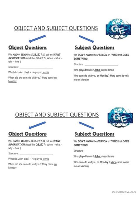 20 Questions Subject Vs Object Questions English Esl Worksh