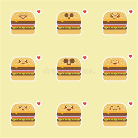 Kawaii Burger Cartoon Character Cute Vector Template Set Of Mascot