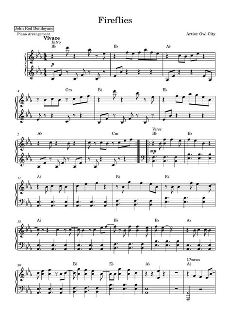 Owl City Fireflies Piano Sheet Partitura By John Rod Dondoyano