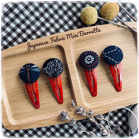 Set Of Four Mini Barrettes With Fabric Covered Buttons In Japanese