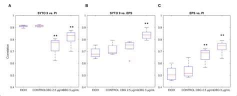 signal correlation a syto 9 vs pi signal intensities correlation