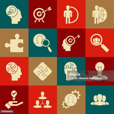 사용자 그룹 램프 전구가 있는 인간의 머리 검색 사람 시간 관리 퍼즐 조각 및 머리 사냥 개념 아이콘을 설정합니다 벡터 개념에 대한 스톡 벡터 아트 및 기타 이미지 Istock