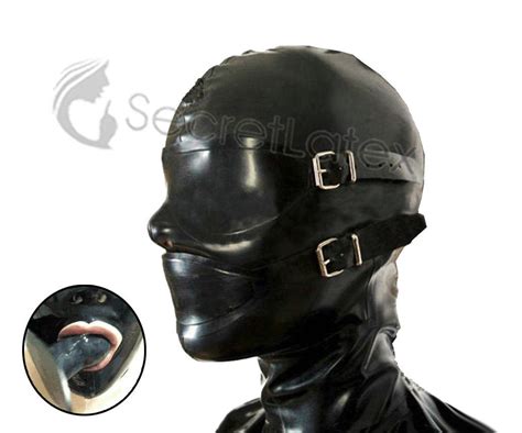 Black Latex Hood 3pc Mouth Gag And Blindfold Gimp Mask Etsy