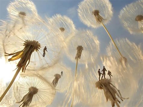 Giant Dandelions Aerial View People Whimsical Scene Soft Light