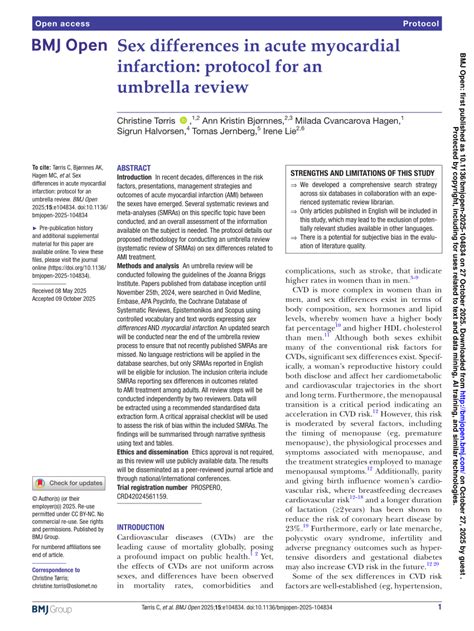 Pdf Sex Differences In Acute Myocardial Infarction Protocol For An