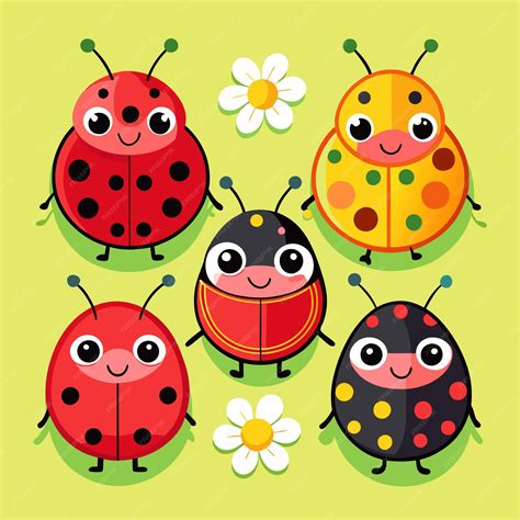 Cinco Mariquitas De Dibujos Animados Con Diferentes Colores Y Manchas