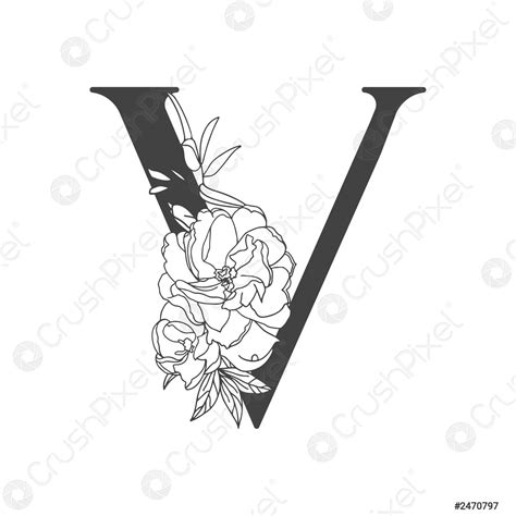 Vector Flower Alphabet Floral Design Of Letter V Decoration Of Stock