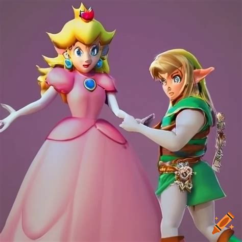 Princess Peach And Link In Pink Silk Ballgowns Posing Together On Craiyon