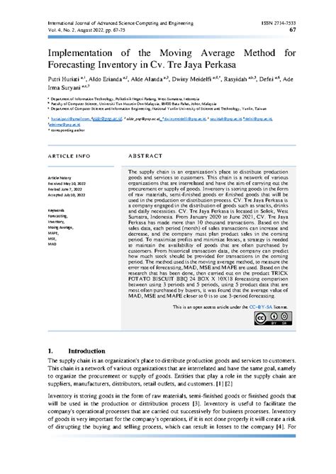 Implementation Of Moving Average Method For Inventory Forecasting Ija