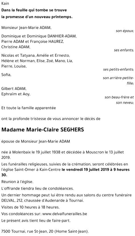 Avis De Décès De Marie Claire Seghers Décédé Le 13072019 à Mouscron Annonce Condoléances