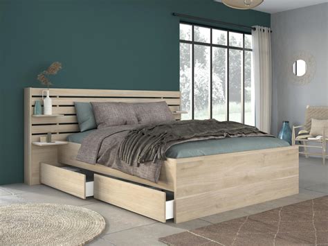 Lit 160 X 200 Cm Avec Rangements Coloris Naturel Sommier Matelas