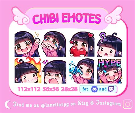 Cute Chibi Girl Emote Pack For Twitch Straight Black Hair With Bangs