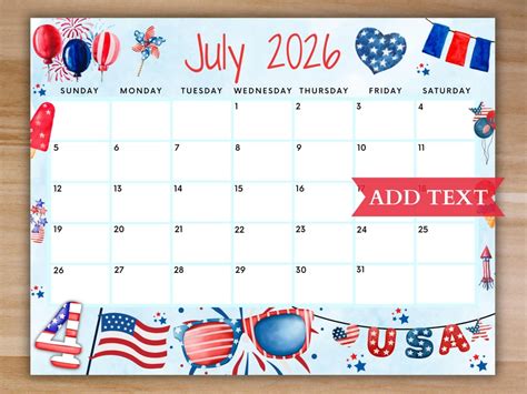 Editable July 2026 Summer Calendar Printable Fourth Of July Calendar Monthly Calendar Summer