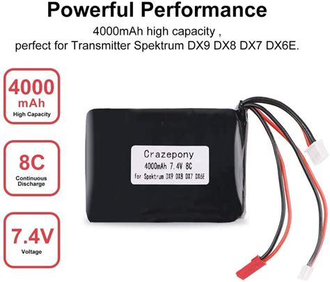 For Spektrum Dx9 Dx8 Dx7 Dx6e Lipo Battery 2s1p 4000mah Jst Jr Plug