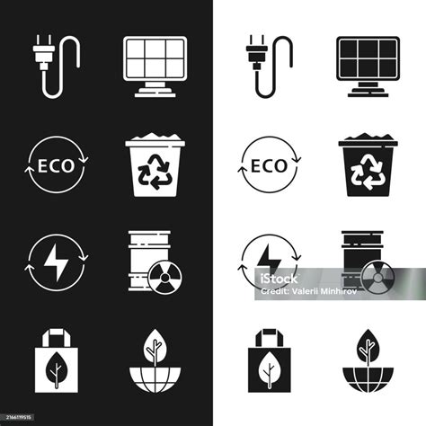 재활용품으로 휴지통 설정 친환경 건강 식품 라벨 전기 플러그 태양 에너지 패널 번개 볼트 방사성 폐기물 통 지구 지구 및 식물