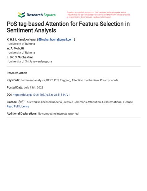 Pdf Pos Tag Based Attention For Feature Selection In Sentiment Analysis