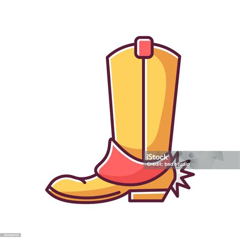 서양 영화 Rgb 색상 아이콘 전통적인 미국 영화 장르 카우보이 영화 영화 촬영 영화 제작 카테고리 스퍼 절연 벡터 일러스트레이션으로 부팅 개념에 대한 스톡 벡터 아트 및