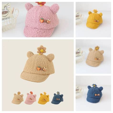 Vbbn ดอกไม้ประดับดอกไม้ หมวกเบสบอลเด็ก สีทึบทึบ อบอุ่นและอบอุ่น หมวกสำหรับเด็ก ฤดูหนาวในฤดูหนาว