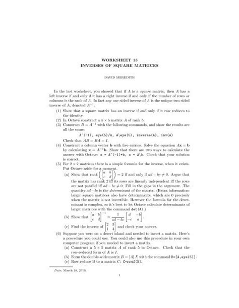 Worksheet 13 Inverses Of Square Matrices In The Last