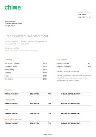 Chime Credit Statement March 2021