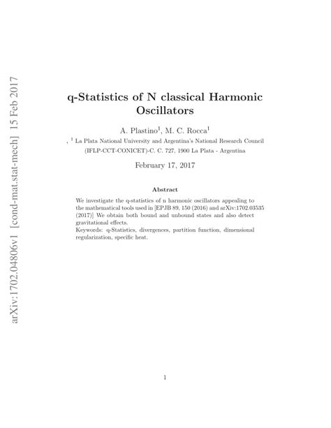 Pdf Q Statistics Of N Classical Harmonic Oscillator