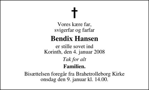 Bendix Hansen Dødsannoncer I Danmark