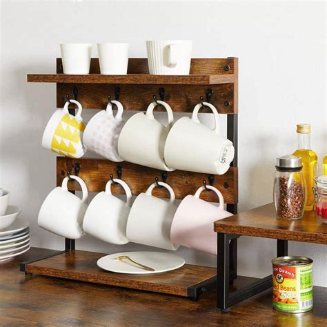 Numhew 2 Tier Rustic Brown Countertop Mug Tree Holder Rack With Storage Base And 8 Hooks Coffee