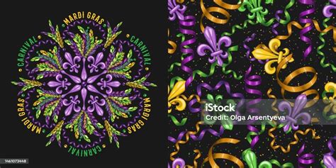 둥근 장식 마디 그라 카니발 장식을 위한 원활한 패턴의 세트 플뢰르 드 리스 깃털 어두운 배경에 구슬 인쇄물 의류 티셔츠 휴일