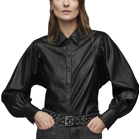 Classy Black Balloon Sleeve Women Leather Shirt