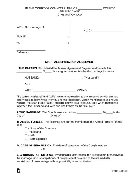 Free Pennsylvania Marital Settlement Divorce Agreement Word Pdf Eforms