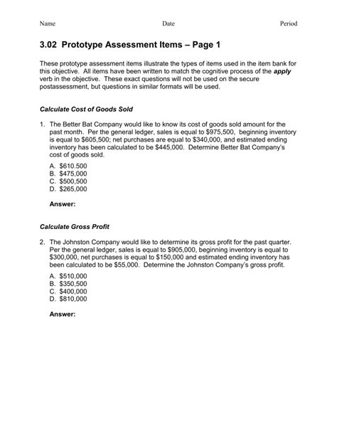 Accounting Assessment Items Cost Of Goods Sold And Gross Profit