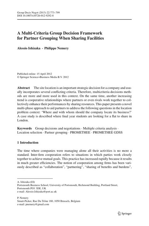 Pdf A Multi Criteria Group Decision Framework For Partner Grouping When Sharing Facilities