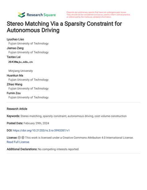 pdf stereo matching via a sparsity constraint for autonomous driving