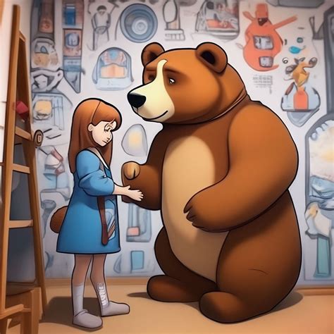 The Robot Draws Masha And The Bear From The Cartoon On The Wall