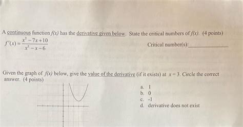 Solved A Continuous Function Fx Has The Derivative Given