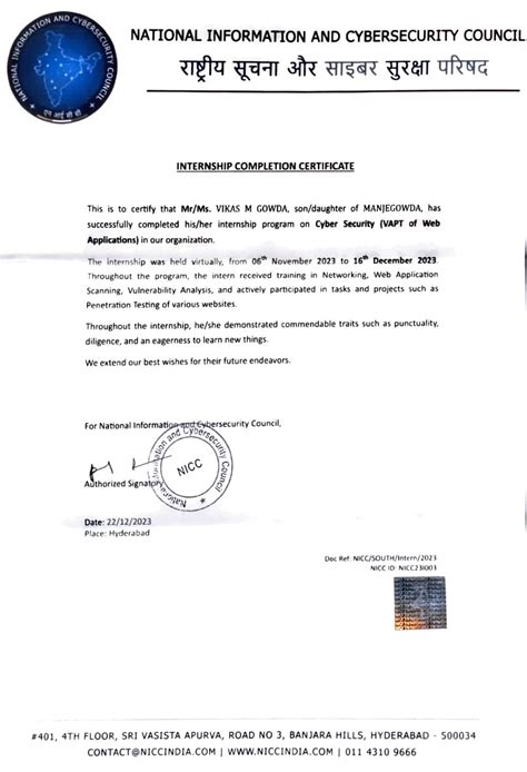 Cybersecurity Vapt Networking Internship Learning Gratitude Futuregoals Vikas M Gowda