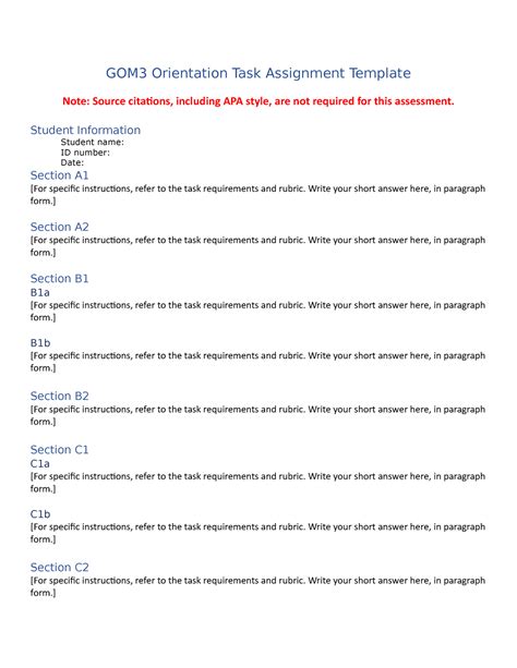 Orientation Task Template Gom3 Orientation Task Assignment Template