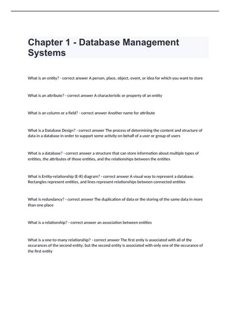 Chapter 1 Database Management Systems Questions With Correct Answers 100 Verified Dbms