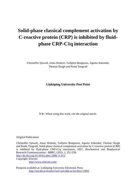 Pdf Solid Phase Classical Complement Activation By C Reactive